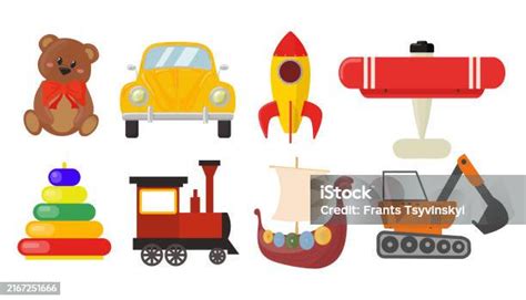 만화 스타일의 빈티지 어린이 장난감 세트입니다 다른 장난감의 벡터 일러스트 레이 션 테디 베어 레트로 자동차 로켓 헬리콥터 피라미드 기차 바이킹 배 굴삭기는 흰색 배경에