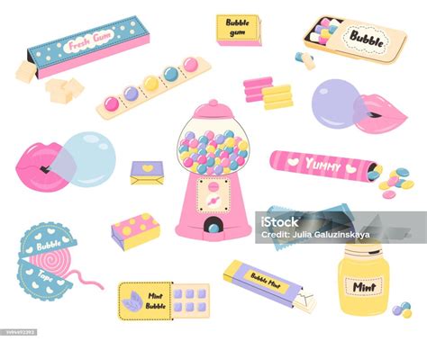 풍선껌 세트 만화 씹는 사탕입니다 다른 츄잉껌 롤 테이프 패드 포장 또는 물집의 공 맛있는 당의정 90년대 향수 벡터에 대한 스톡 벡터 아트 및 기타 이미지 Istock