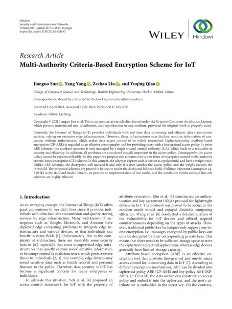 Pdf Multi Authority Criteria Based Encryption Scheme For Iot