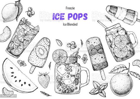 아이스 캔디 아이스크림 손으로 그린 벡터 일러스트 레이 션 아이스 티와 아이스크림 여름 음식과 음료 메뉴 디자인에 대 한 스케치 그림 얼음 팝 컬렉션입니다 아이스 티에 대한