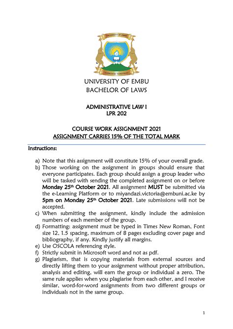 Administrative Law I Coursework Assignment 2021 1 University Of Embu