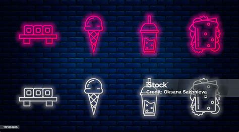 Vetores De Definir A Linha De Sorvete Em Cone De Waffle Copo De