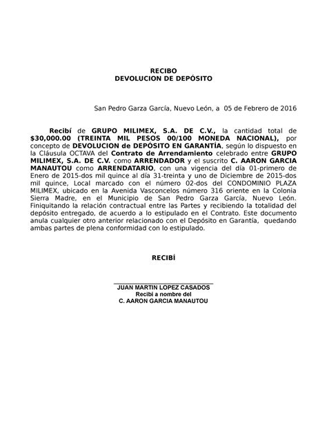 Recibo Devolucion DE Deposito EN Garantía RECIBO DEVOLUCION DE