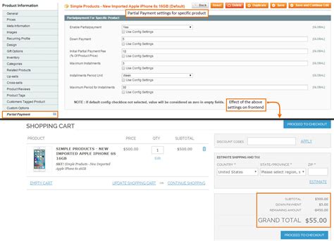 partial payment settings for specific product support portal for