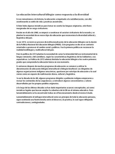 La Educación Intercultural Bilingüe Como Respuesta A La Diversidad Pdf