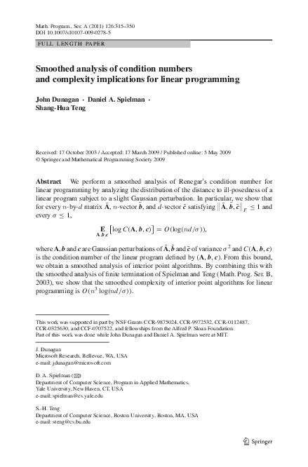 Pdf Smoothed Analysis Of Condition Numbers And Complexity Implications For Linear Programming
