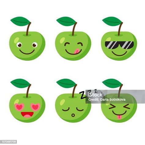 사과 이모티콘 세트 가와이이 스타일의 아이콘 과일 캐릭터 만화 플랫 스타일의 벡터 일러스트레이션 재미있는 미소 또는 이모티콘 세트 좋은 영양과 채식주의 자 개념 아이들을위한