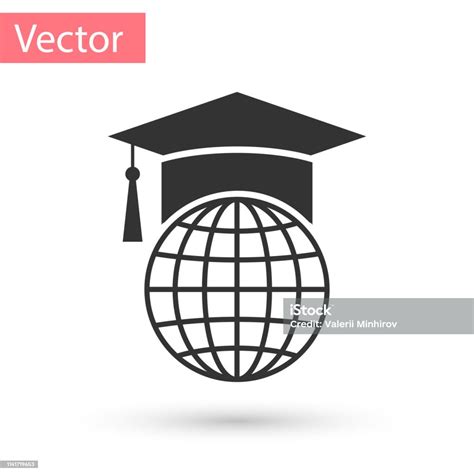 在白色背景上隔離的地球圖示上的灰色畢業帽世界教育標誌線上學習或電子學習概念向量插圖向量圖形及更多互聯網圖片 互聯網 典禮 商務