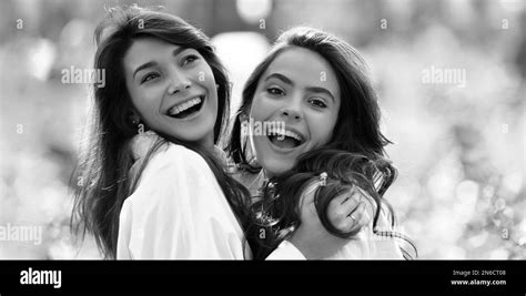Spring Banner With Women Girlfriends Outdoor Happy Excited Girl Couple