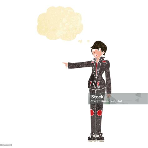 말풍선이 있는 가죽 재킷을 있고 손으로 가리키는 여성 만화 캐릭터 가리키기에 대한 스톡 벡터 아트 및 기타 이미지 가리키기