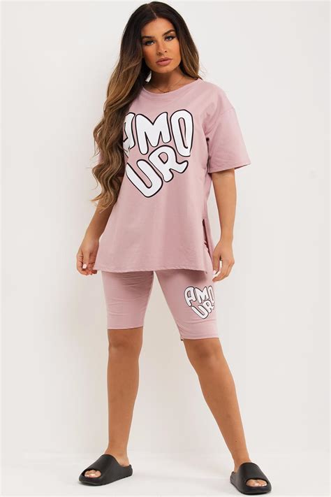 Womens Cycling Shorts And T Shirt Co Ord With Amour Slogan Pink