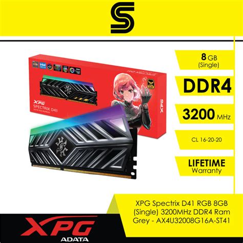 XPG Spectrix D41 RGB 8GB Single 3200MHz DDR4 Ram Grey AX4U32008G16A ST41 Lazada