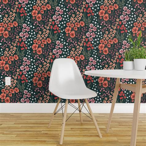 Pre Pasted Wallpaper 2ft Wide Dark Floral Botanical Garden Delicate