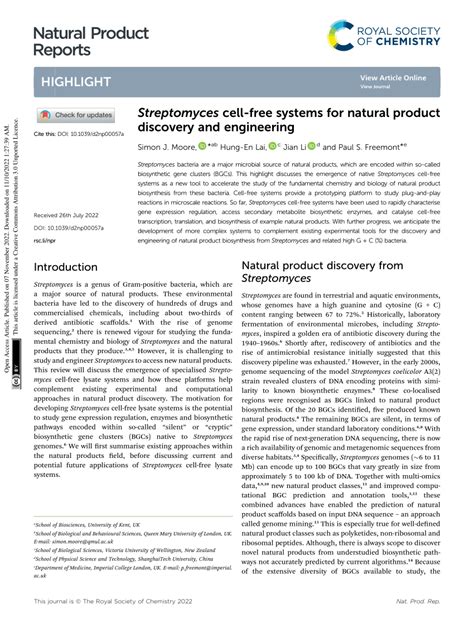 Pdf Streptomyces Cell Free Systems For Natural Product Discovery And Engineering