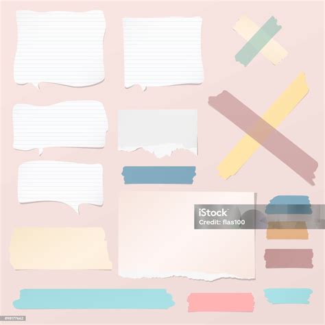 화이트 빈 화려한 노트를 찢 어 노트북 종이 스트립 시트 음성 거품 텍스트 또는 분홍색 배경에 걸린 메시지 스티커 테이프 0명에 대한 스톡 벡터 아트 및 기타 이미지