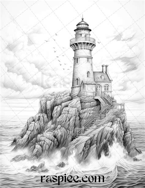 40 Majestic Lighthouses Grayscale Coloring Pages Printable For Adults Grayscale Coloring
