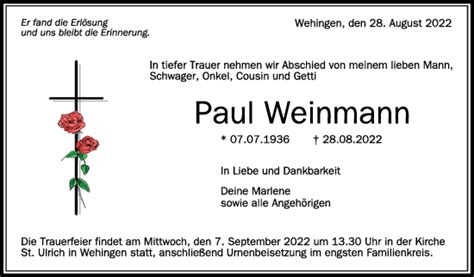 Traueranzeigen Von Paul Weinmann Schwaebischede Trauerportal