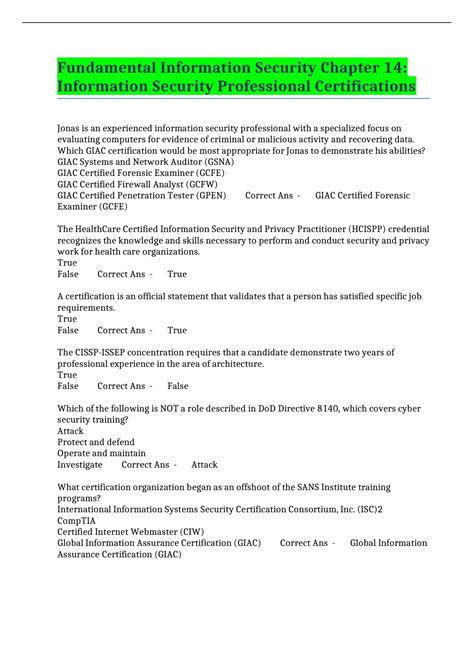 Fundamental Information Security Chapter 14 Information Security Professional Certifications