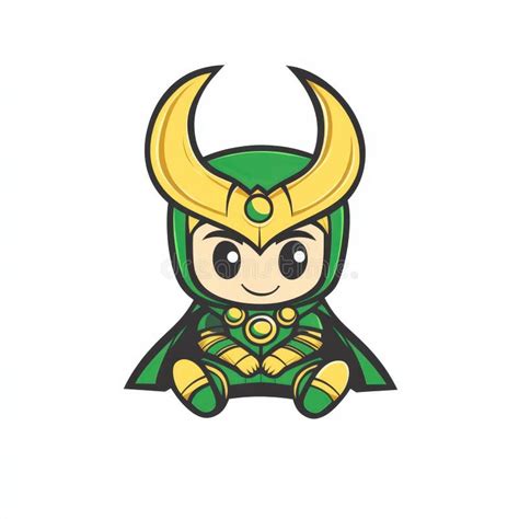 Cute Chibi Character With Large Horned Helmet And Green Cape Stock