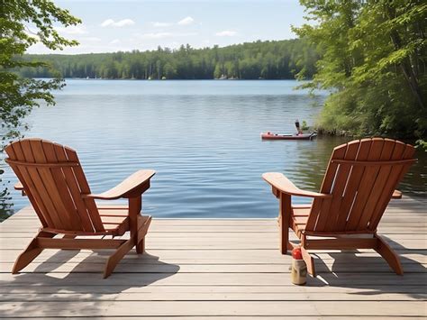 Premium Ai Image Scenic Lake View With Two Adirondack Chairs On A