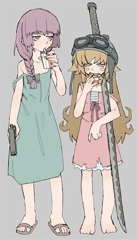 Safebooru 2girls Alcohol Carton Bakemonogatari Barefoot Blonde Hair