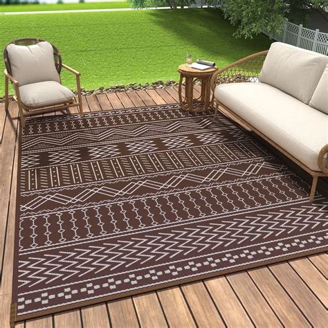 Sixhome Outdoor Rug 8x10 Waterproof Patio Rug Reversible Boho Geometric Rug Beige And