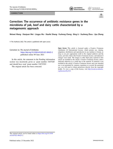 Pdf Correction The Occurrence Of Antibiotic Resistance Genes In The Microbiota Of Yak Beef