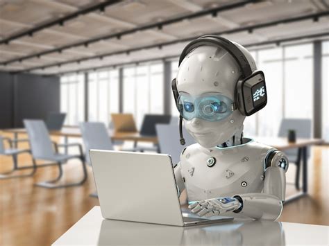 Premium Photo Automation Office Worker Concept With 3d Rendering Cute Robot Work With Computer