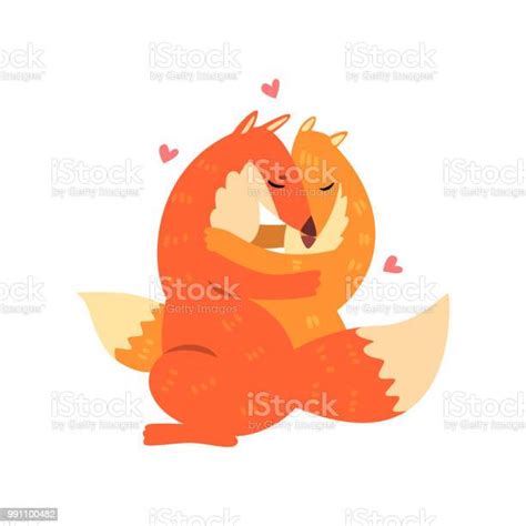 부부의 사랑 그들의 머리 위에 마음으로 포옹 하는 두 행복 Aniimals 수용에 귀여운 붉은 여우 백색 Backgroun에