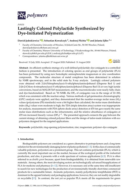 Pdf Lastingly Colored Polylactide Synthesized By Dye Initiated Polymerization