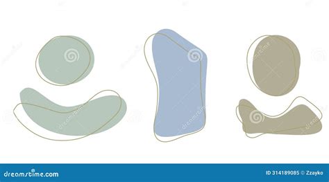 Set Of Organic Irregular Blob Shapes With Stroke Line Blue Gray Random Deform Spot Fluid Circle