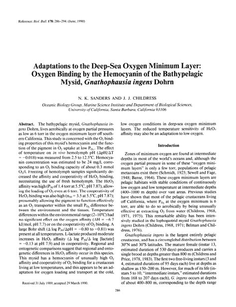 Pdf Adaptations To The Deep Sea Oxygen Minimum Layer Oxygen Binding