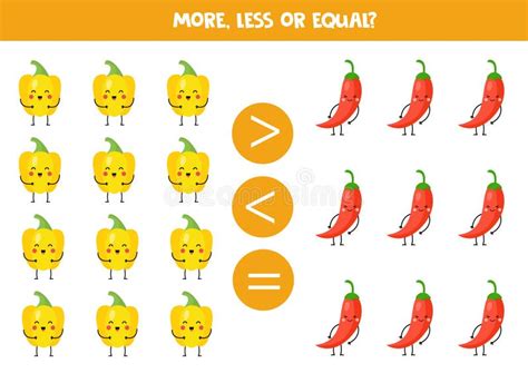 More Less Or Equal With Cute Kawaii Red And Yellow Peppers Stock