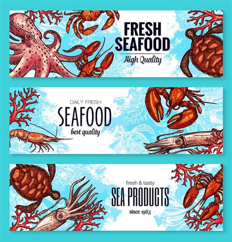 Vector Seafood Banners Of Sketch Fresh Fish Stock Vector Illustration
