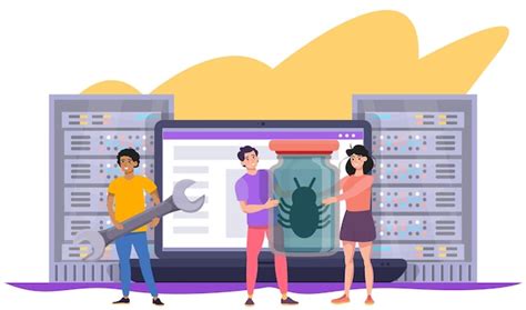 Concept Dassurance Qualité Qa Illustration De Test Logiciel Les Testeurs Ont Trouvé Un Bogue