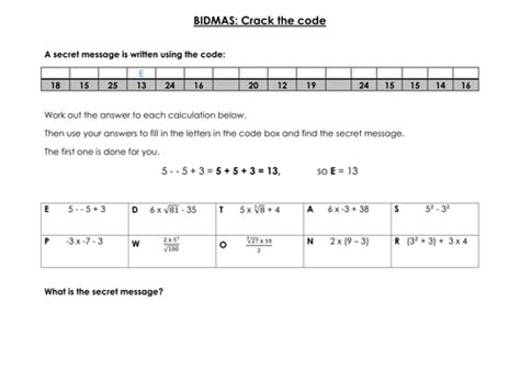 Bidmas Crack The Code Worksheet With Soultions Edexcel Ks3 Teaching Resources