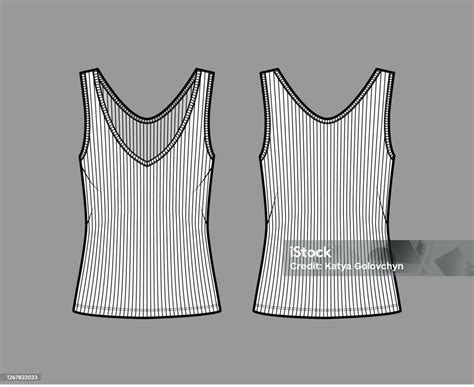 오버사이즈 바디 딥 V 넥라인 길쭉한 밑단이 돋진 리브드 오픈 니트 탱크 테크니컬 패션 일러스트 플랫 탑 0명에 대한 스톡 벡터 아트 및 기타 이미지 Istock