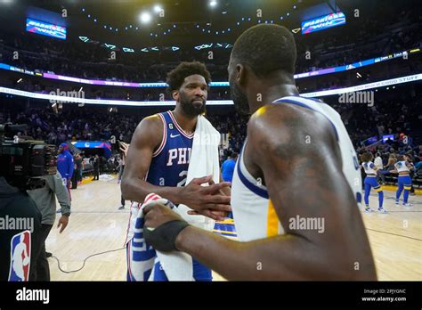 Philadelphia 76ers Center Joel Embiid Left Talks With Golden State