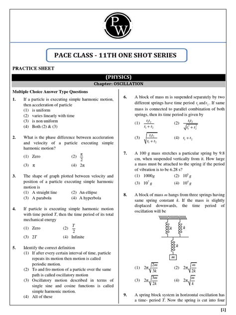Oscillations Practice Sheet Pace Class 11th One Shot Series