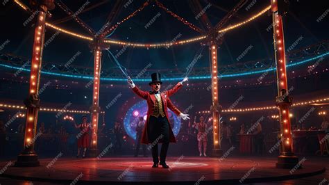 A Ringmaster In A Red And Gold Costume Stands In The Center Of A Circus Tent Arms Outstretched