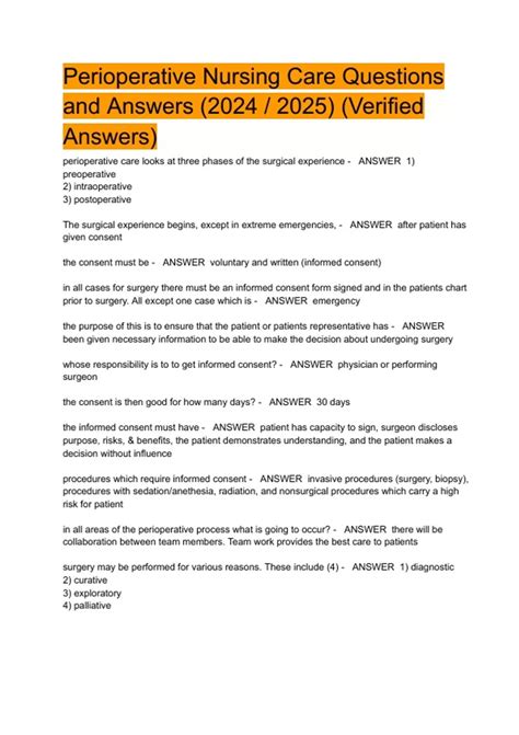 Perioperative Nursing Care Questions And Answers 2024 2025