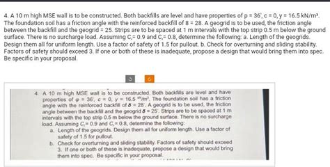 solved 4 a 10 m high mse wall is to be constructed both