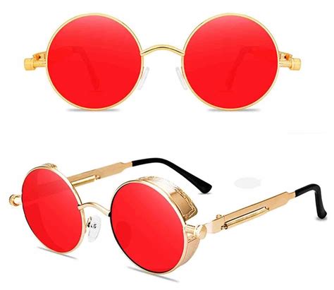 OKULARY PRZECIWSŁONECZNE LENONKI RETRO OKRĄGŁE STEAMPUNK CZERWONE