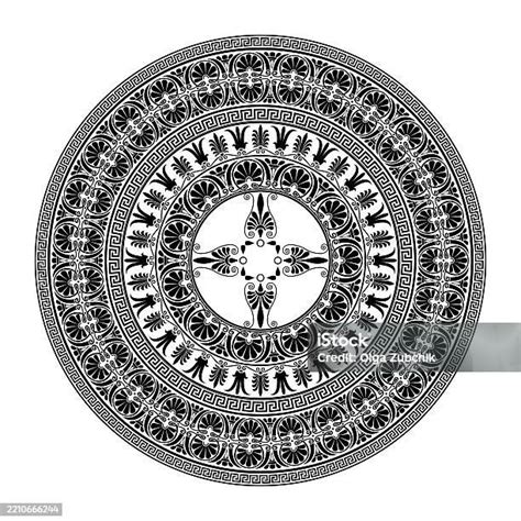 그리스 키 모노크롬 라운드 플레이트 고대 그리스 로마 제국의 서클 전통적인 이집트 아시리아 그리스 동기 원형 테두리 프레임입니다 직물 자수 도자기 조각을 위해