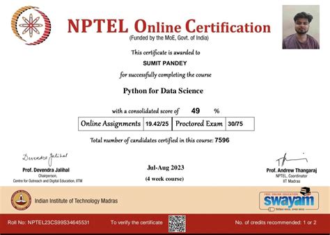 Sumit Pandey On Linkedin Nptel Pythonfordatascience Datascience Coursecompletion