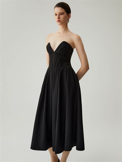 Double Pockets Pleated Zip Corset Tube Midi Dress Commense