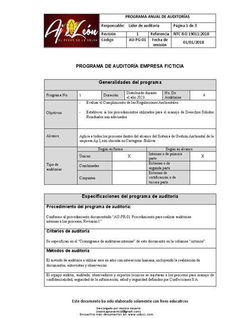 Formato De Programa De Auditoria Con Ejemplo Iso 19011 253144 Downloable 3146128 Pdf