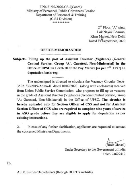 Assistant Director In The Office Of Upsc In Level 10 Of 7th Cpc Pay Matrix
