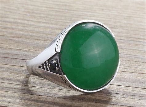 Mens Sterling Silver Ring With Natural Green Jade Gemstone 6