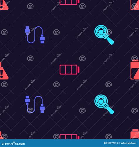 Set System Bug Usb Cable Cord Battery And Smartphone Battery Charge On Seamless Pattern
